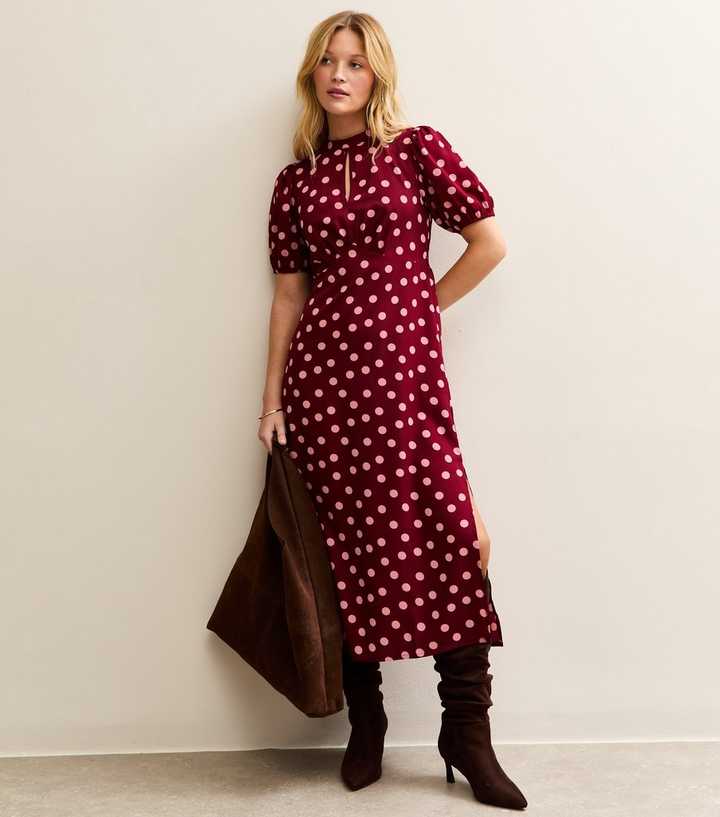 Red Polka Dot Keyhole Midi Dress | New Look