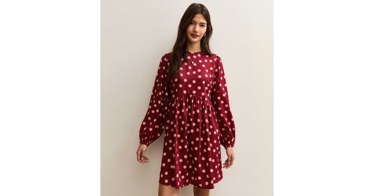 Red Polka Dot Long Sleeve Smock Mini Dress | New Look