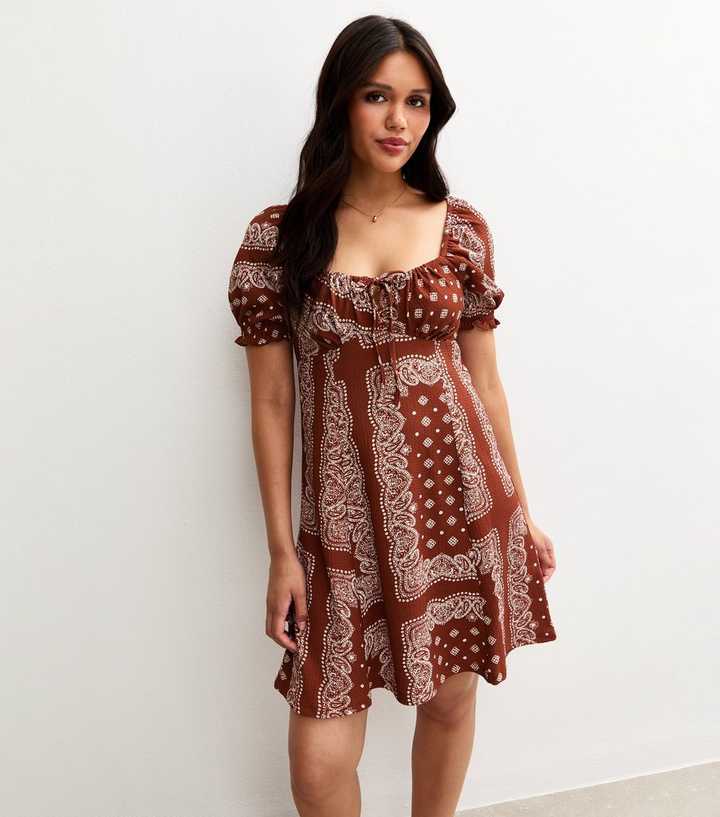 Brown Scarf Print Crinkled Milkmaid Mini Dress | New Look