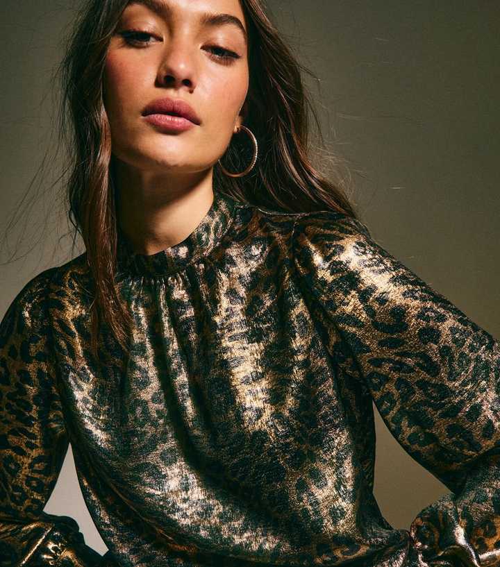 Bronze Metallic Animal Print High Neck Blouse | New Look