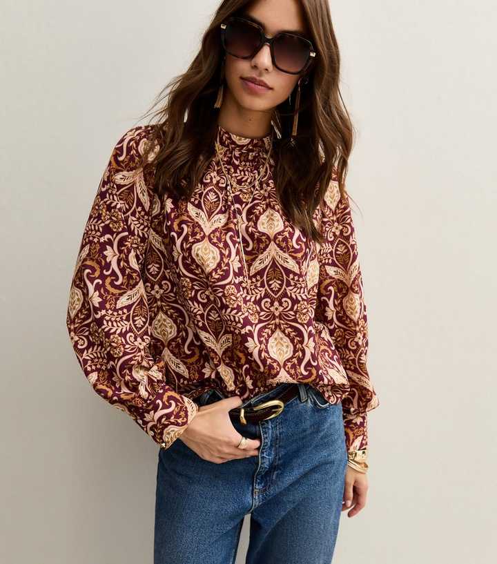 Pink Patterned High Neck Long Sleeve Blouse | New Look