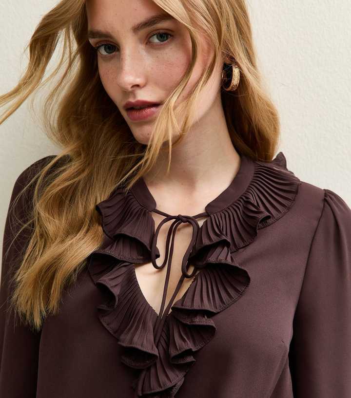 Burgundy Ruffled Tie Neck Long Sleeve Blouse | New Look