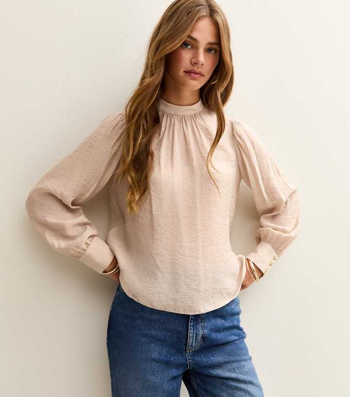 Off White Gathered High Neck Long Sleeve Top | New Look