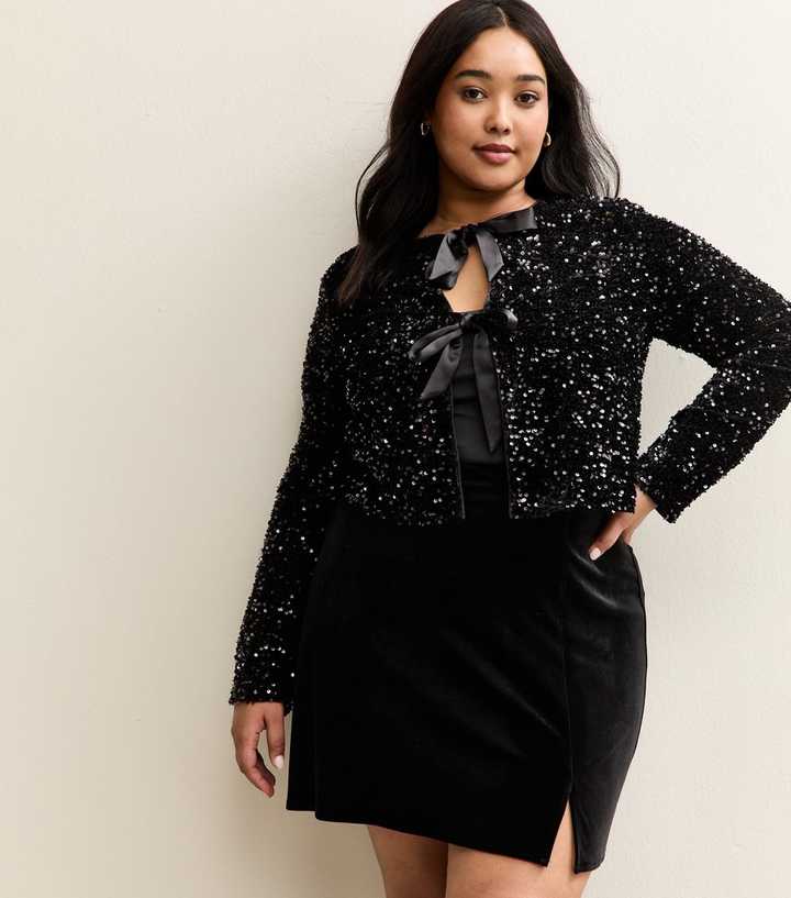 Curves Black Velvet Side Split Mini Skirt | New Look