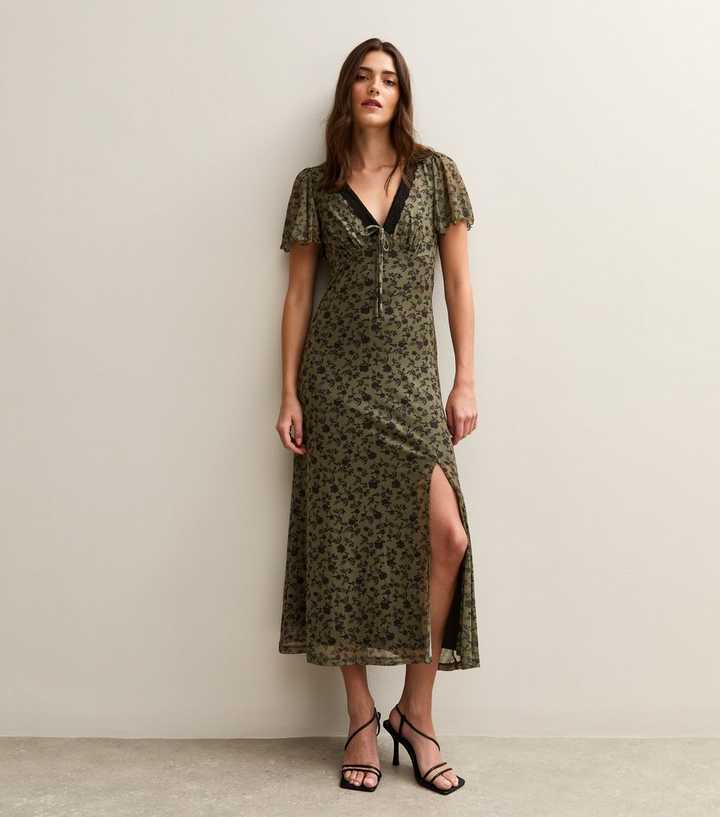 Green Pattern Print Mesh Slit Hem Midi Dress | New Look