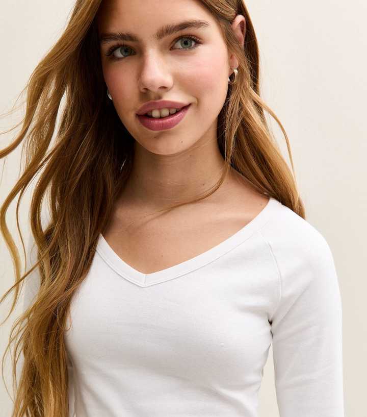Girls White V Neck Long Sleeve Top | New Look
