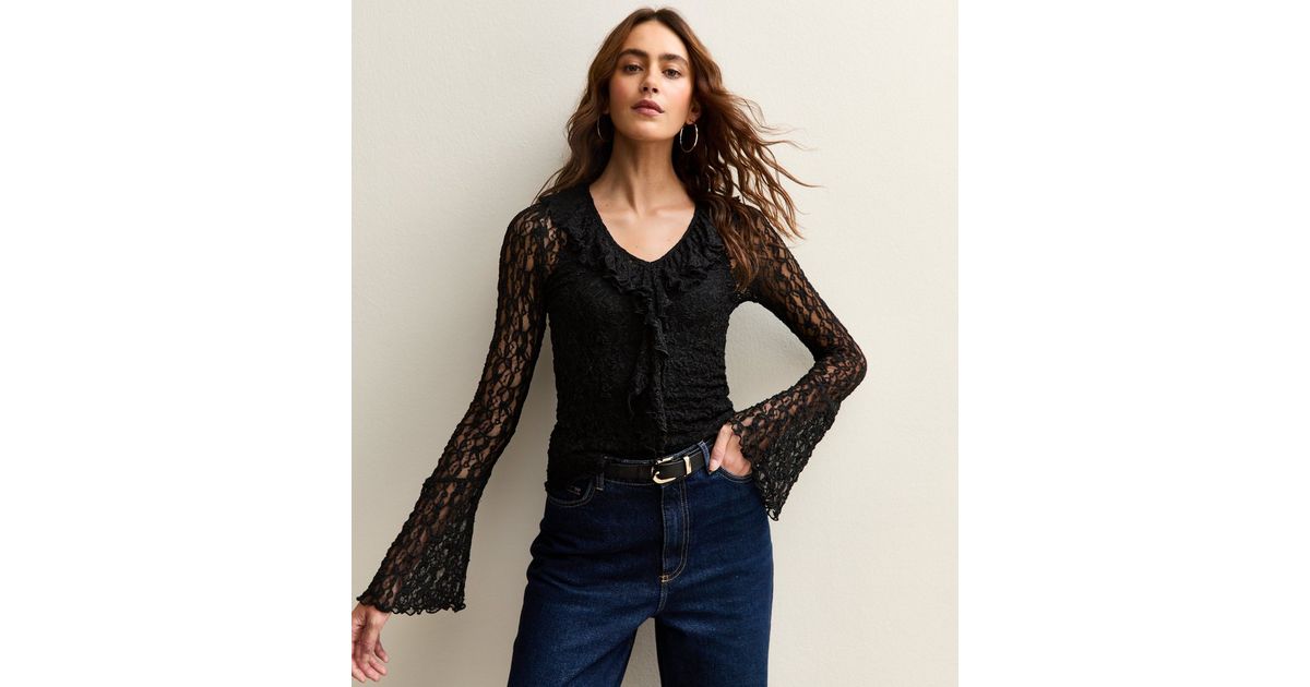 Black Lace Ruffle Trimmed Long Sleeve Top | New Look