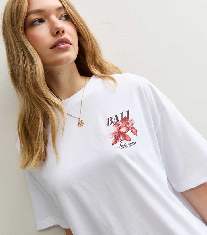 White Bali Flower Print Oversized T-Shirt | New Look