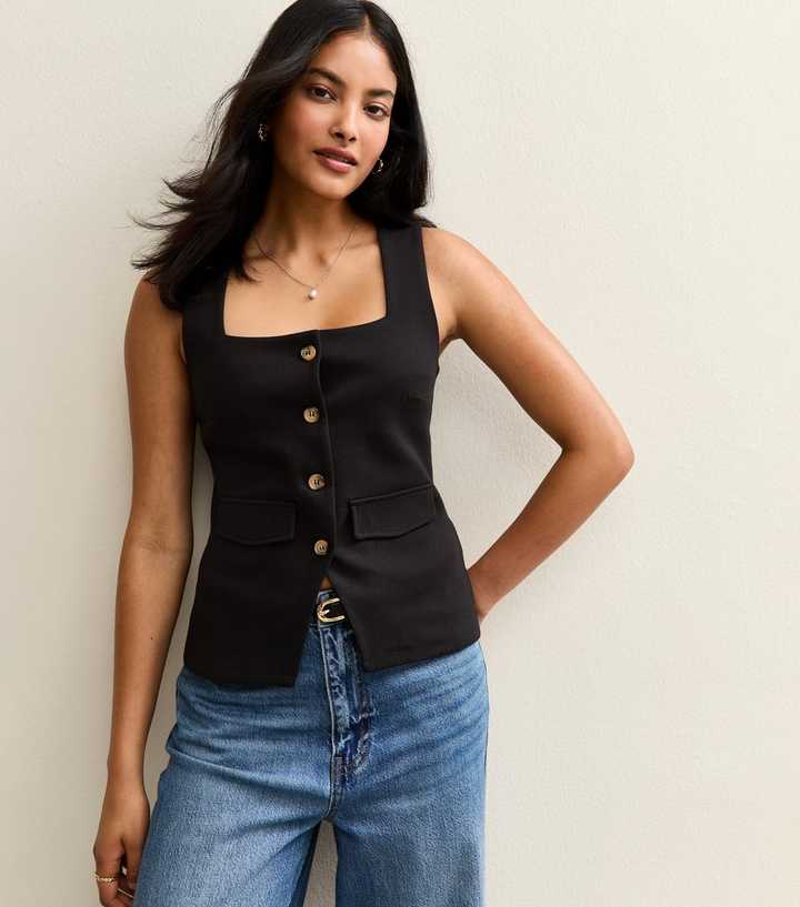 Black Square Neck Button Through Sleeveless Top | New Look