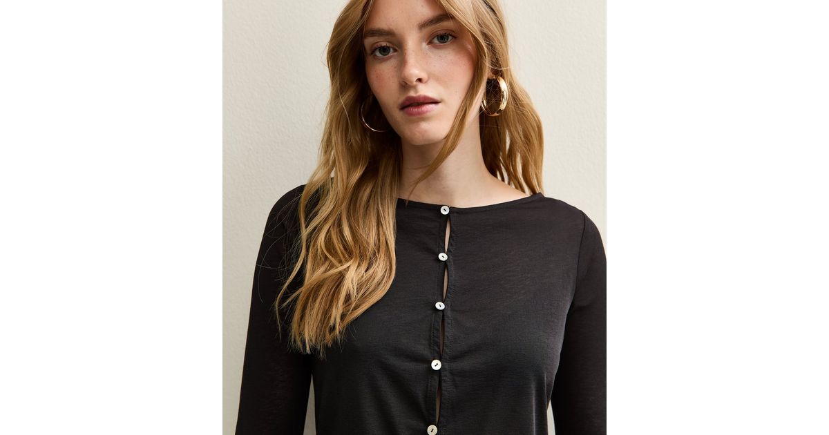Black Button Through Long Sleeve Top | New Look