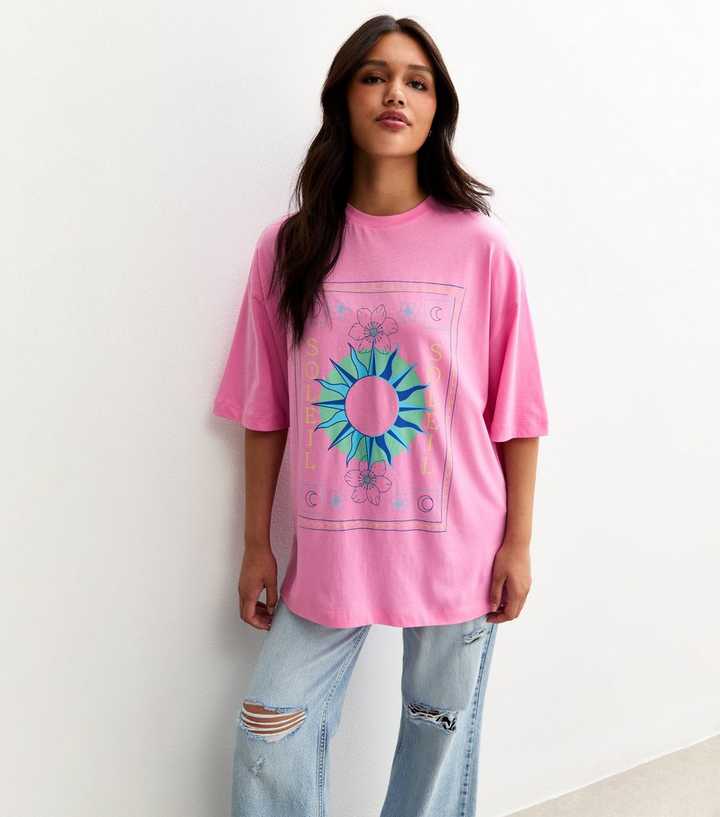 Bright Pink Oversized Sun Print T-Shirt | New Look