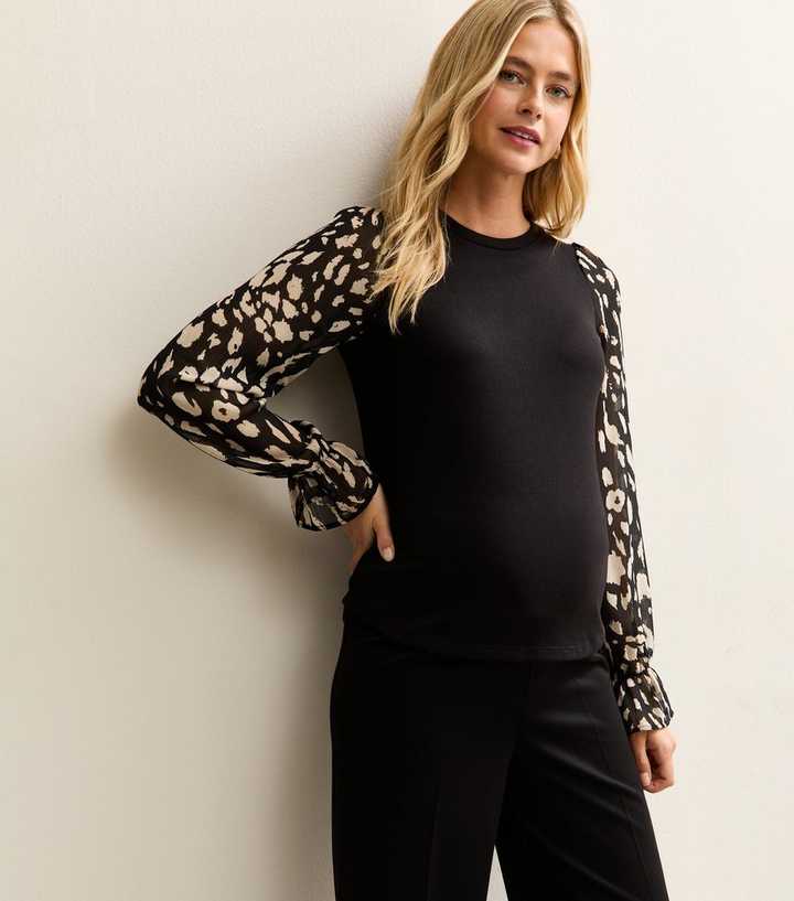 Maternity Black Soft Touch Contrast Sleeve Top | New Look