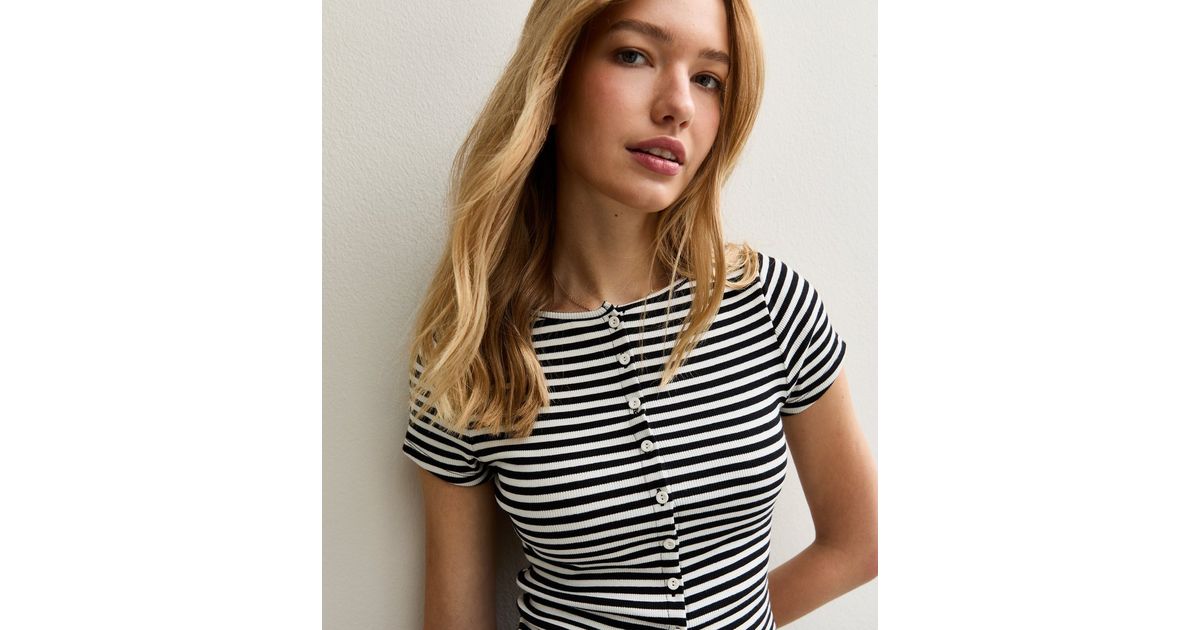 Black Ribbed Striped Short Sleeve Button Through T-Shirt | New Look