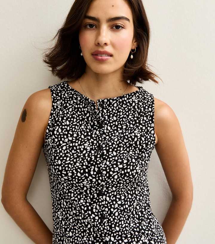 Black Patterned Button Through Sleeveless Top | New Look