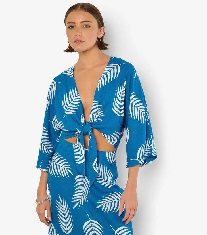 Apricot Blue Palm Leaf Print Tie Front Top | New Look