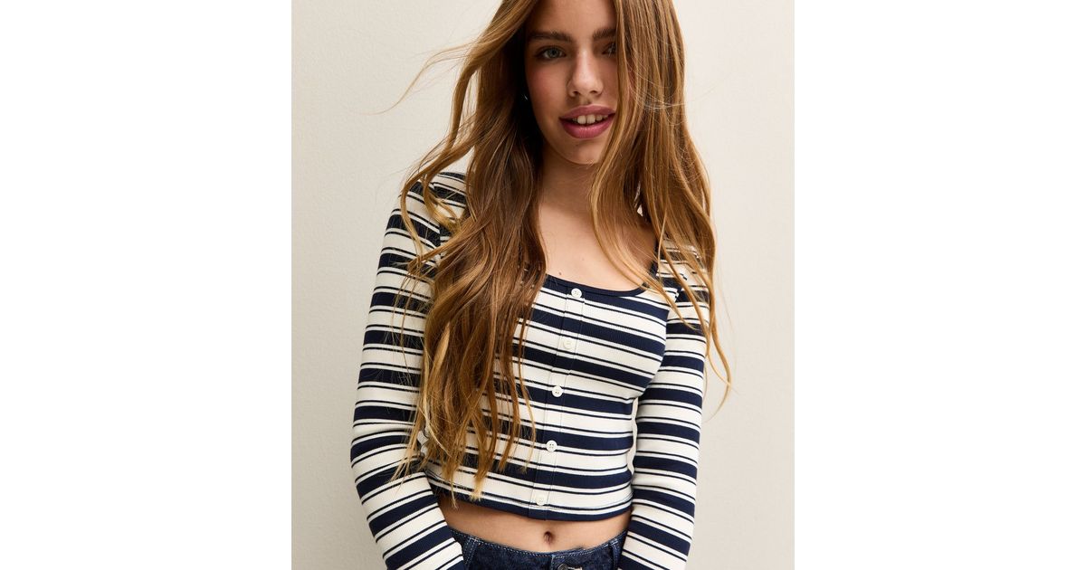 Girls Navy Blue Stripe Cropped Long Sleeve Top | New Look