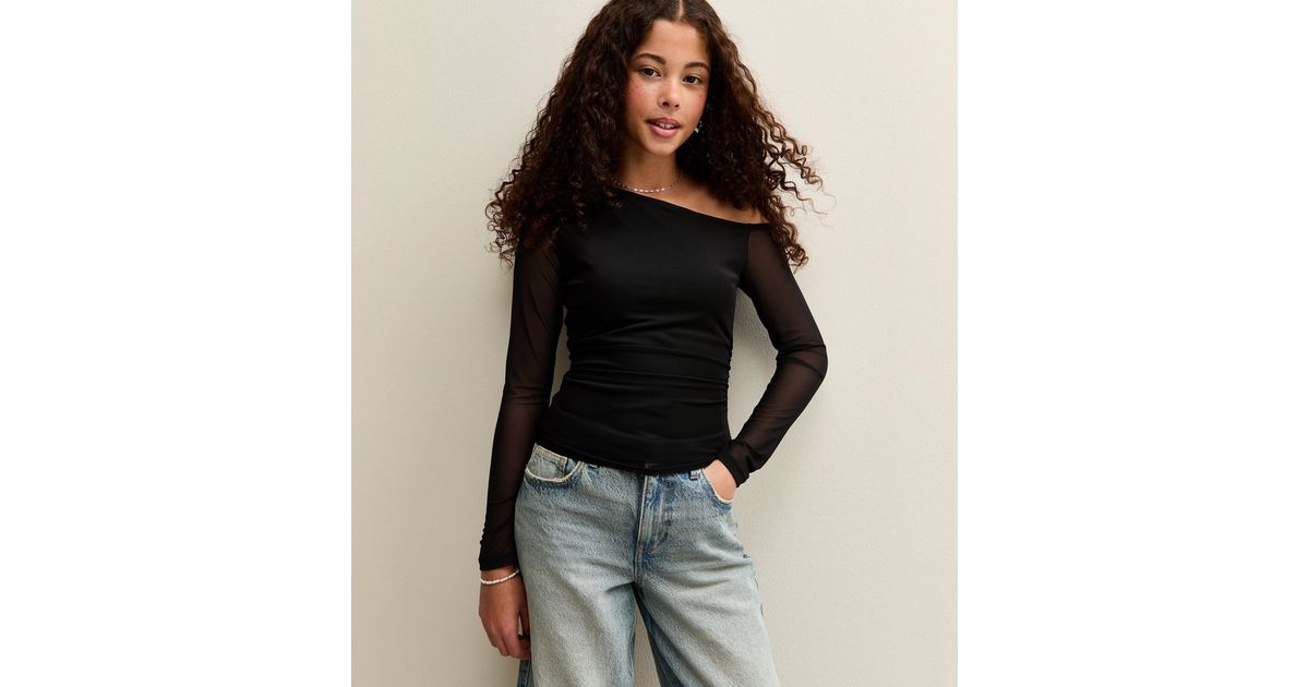 Girls Black Mesh Off The Shoulder Top | New Look