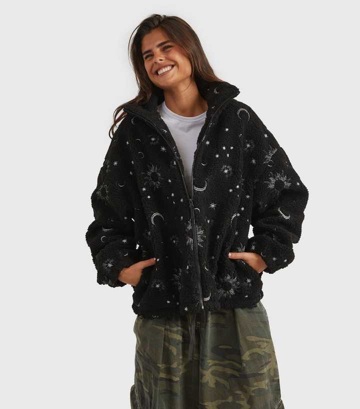 Skinnydip Black Celestial Pattern Borg Fleece Jacket | New Look