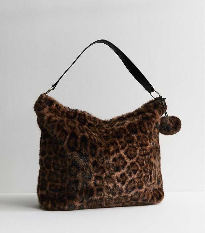 Brown Oversized Leopard Print Faux Fur Shoulder Bag | New Look