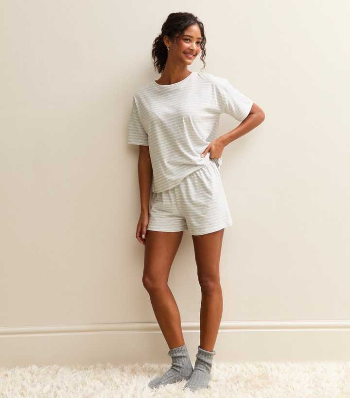 Grey Striped Print T-Shirt and Shorts Pyjama Set | New Look