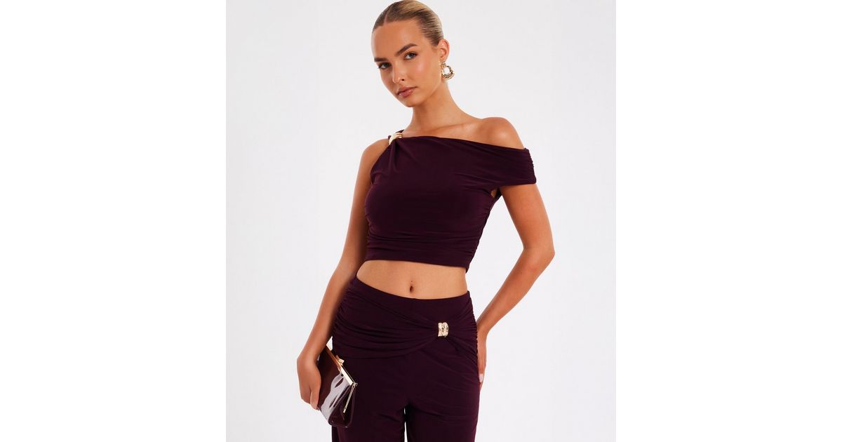 QUIZ Plum Off The Shoulder Crop Top | New Look