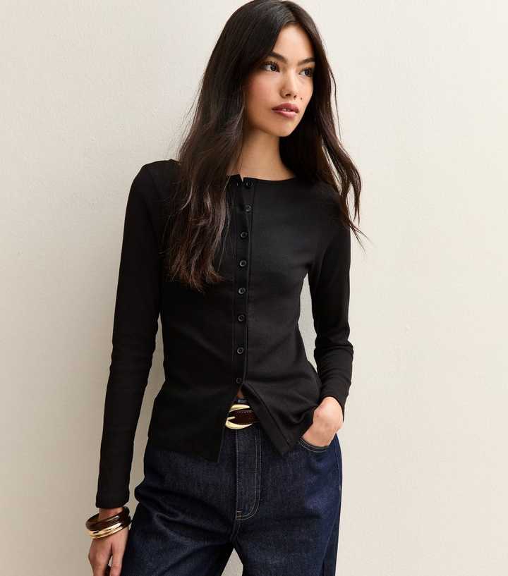 Black Ribbed Button Through Long Sleeve Top | New Look