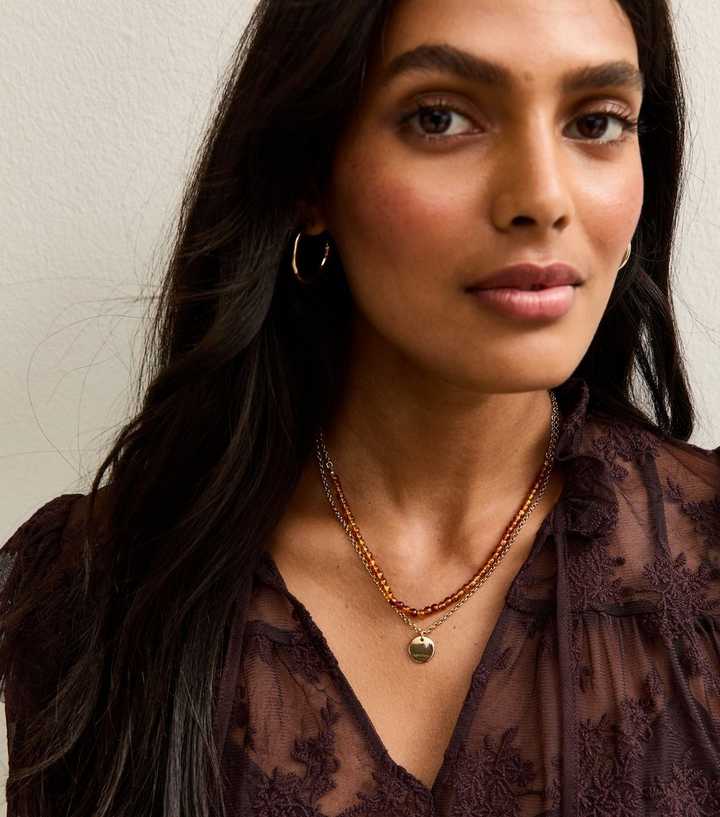 Gold Tone Layered Bead Coin Pendant Necklace | New Look