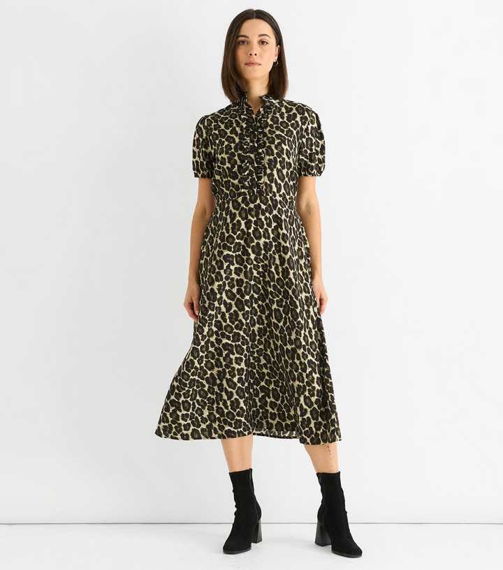 Gini London Mid Green Leopard Print Midi Dress | New Look