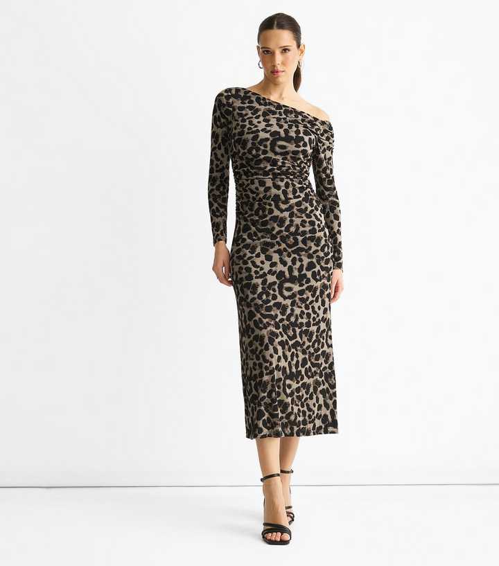 Gini London Mid Grey Animal Print Off The Shoulder Dress | New Look