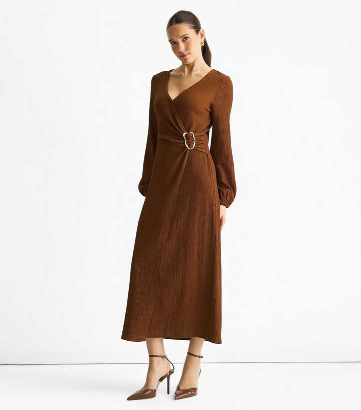 Gini London Mid Brown Textured Wrap Midi Dress | New Look