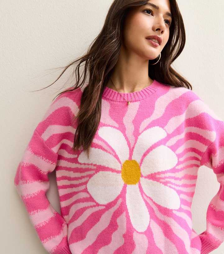 Gini London Bright Pink Floral Pattern Oversized Jumper | New Look