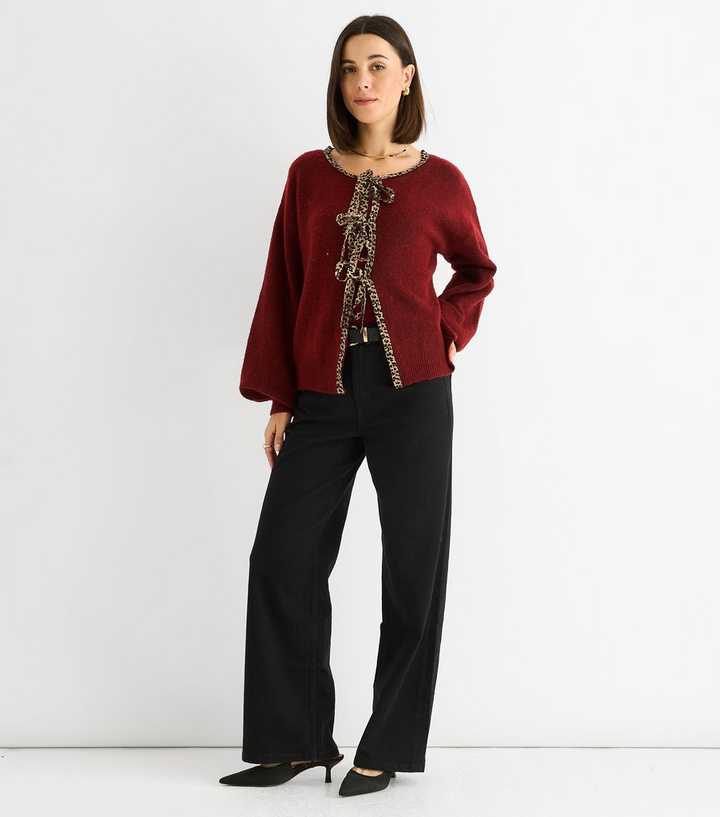 Gini London Red Leopard Print Trim Tie Front Cardigan | New Look