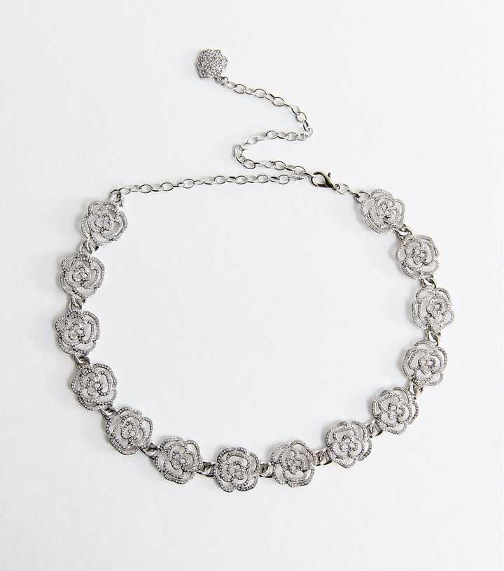 Silver Ton Diamante Floral Chain Belt | New Look