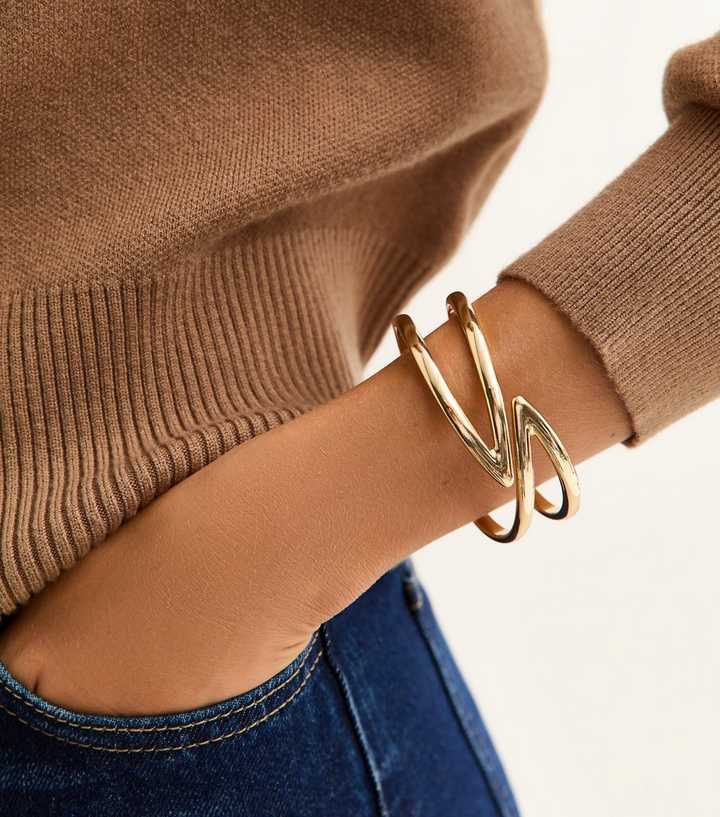 Gold Tone Wrap Around Hinged Cuff Bracelet | New Look