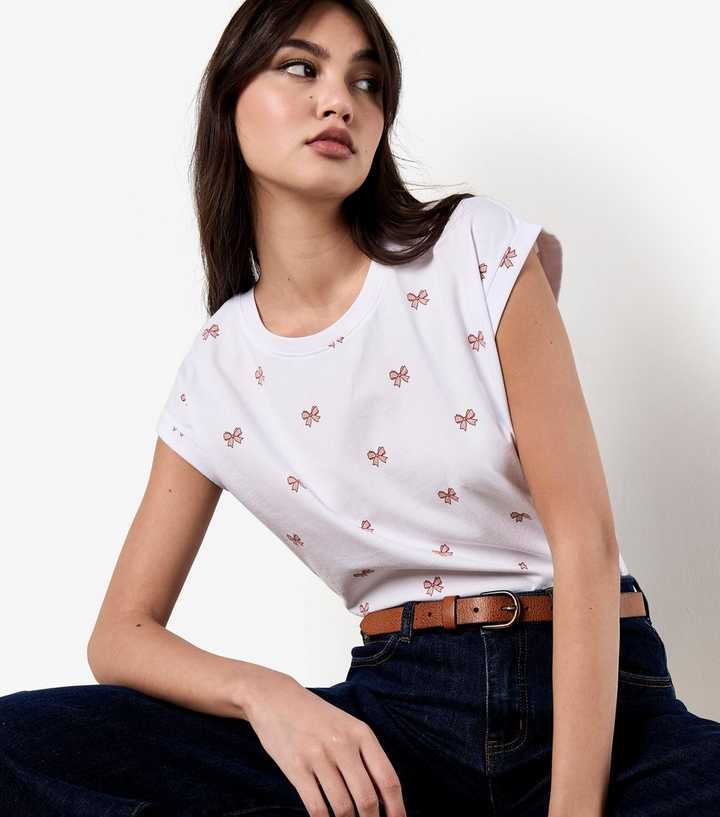 Apricot White Bow Print T-Shirt | New Look