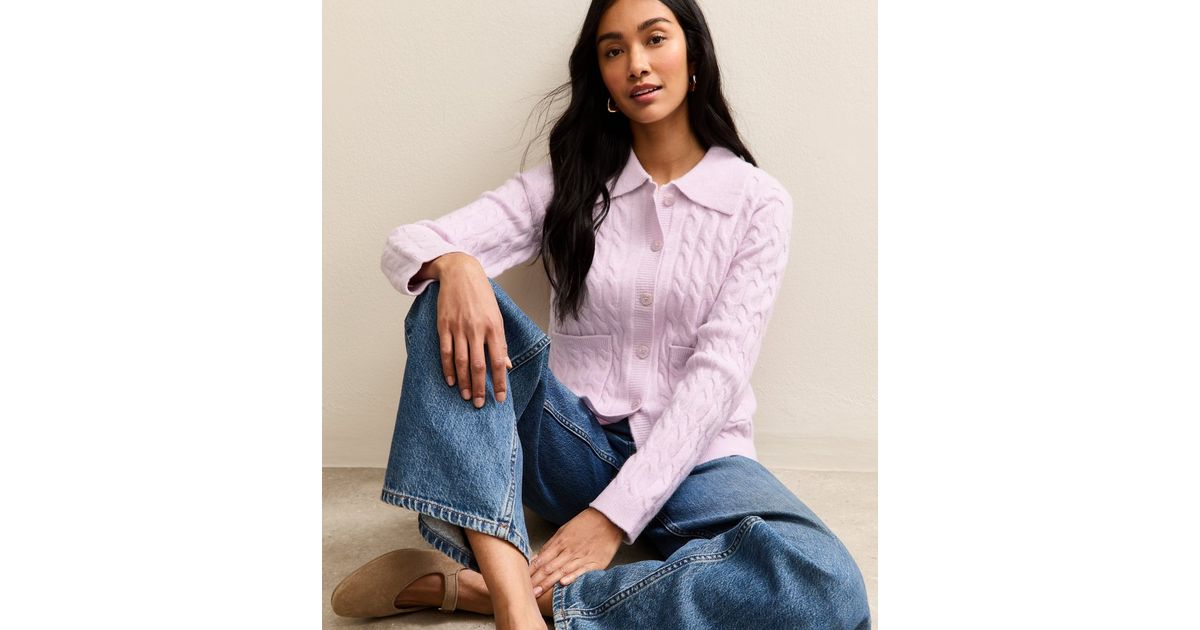 Lilac Cable Knit Collared Cardigan | New Look