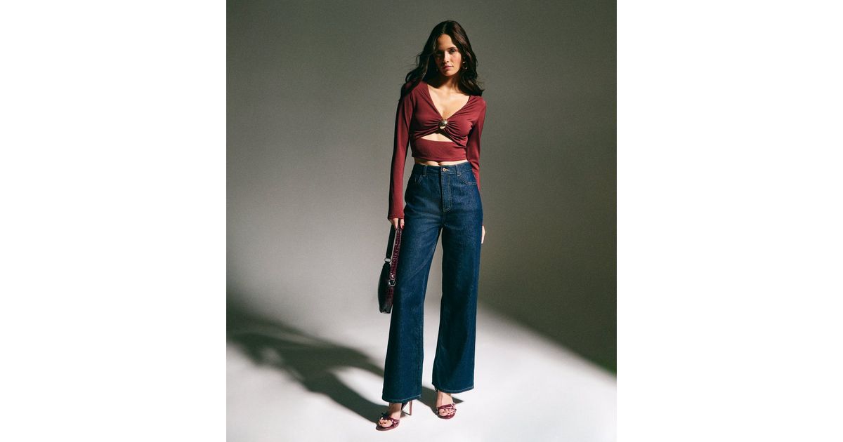 Dark Burgundy Ring Detail Cut Out Long Sleeve Top | New Look