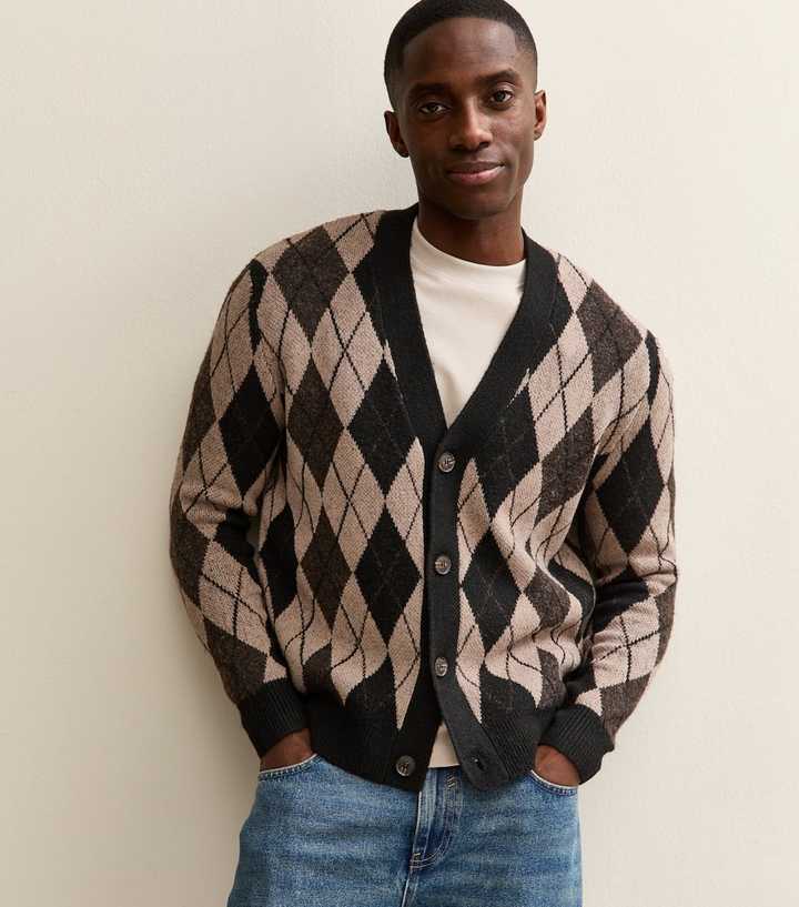 Only & Sons Dark Brown Relaxed Argyle Pattern Cardigan | New Look