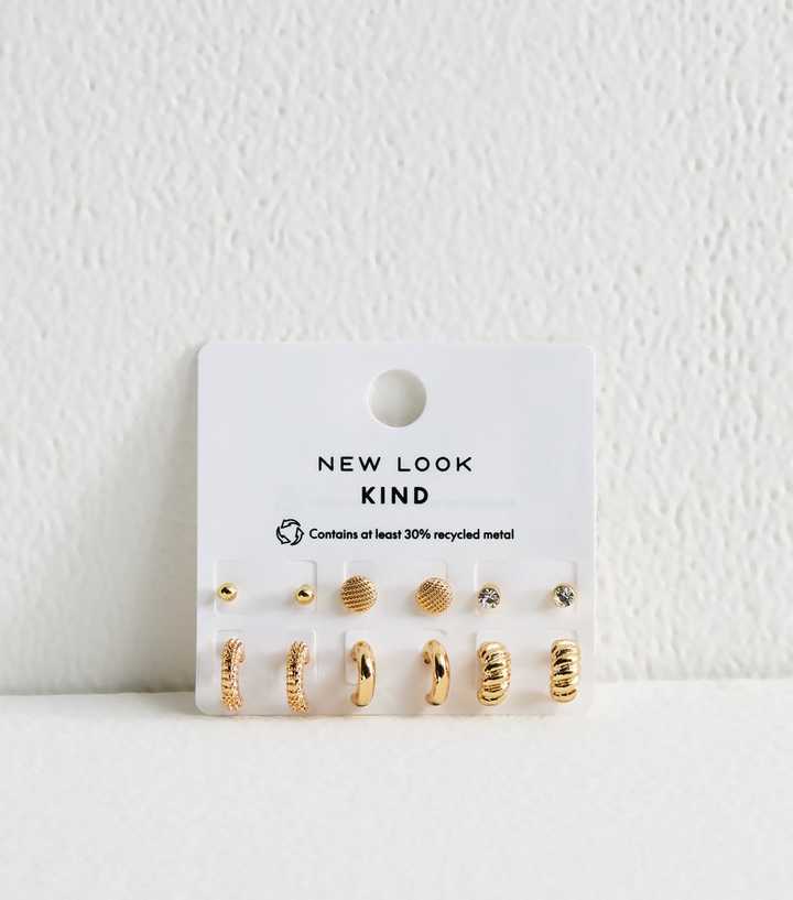 6 Pack Gold Tone Studs and Hoops Diamante and Twist Design | New Look