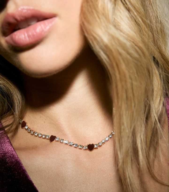 Gold Tone Diamante Chain Burgundy Heart Necklace | New Look