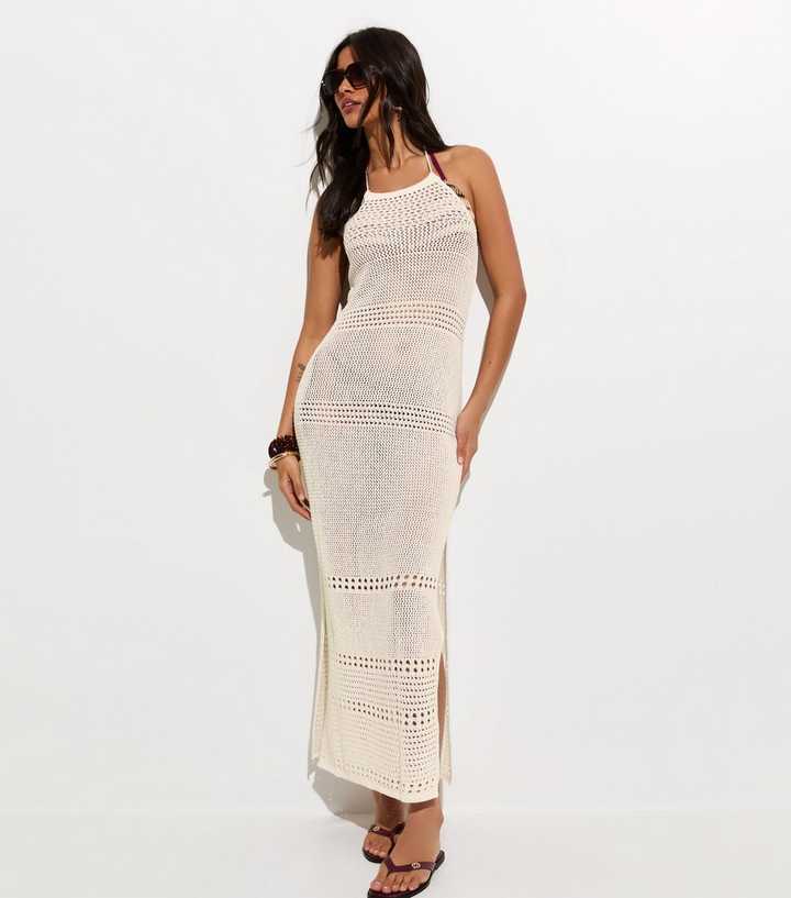 Cream Crochet Halter Neck Beach Maxi Dress | New Look