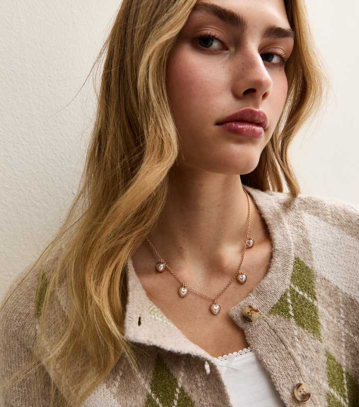 Gold Tone Mini Puff Heart Faux Pearl Charm Necklace | New Look