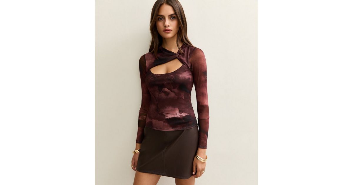 Red Floral Print Twist Neck Mesh Jersey Top | New Look