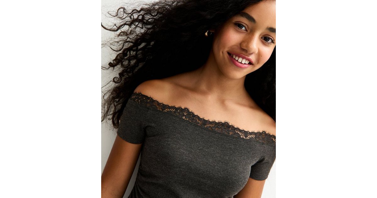 Girls Dark Grey Lace Trim Ruched Bardot Top | New Look