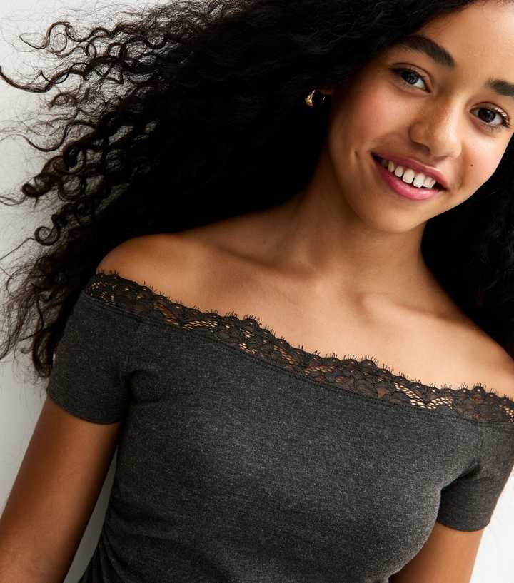 Girls Dark Grey Lace Trim Ruched Bardot Top | New Look
