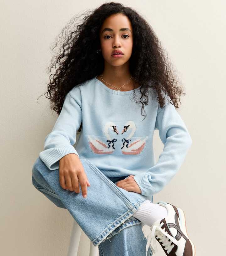 Girls Light Blue Swan Slash Neck Jumper | New Look