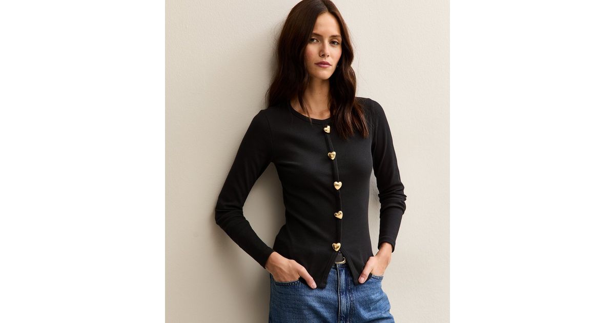 Black Heart Button Long Sleeve Top | New Look