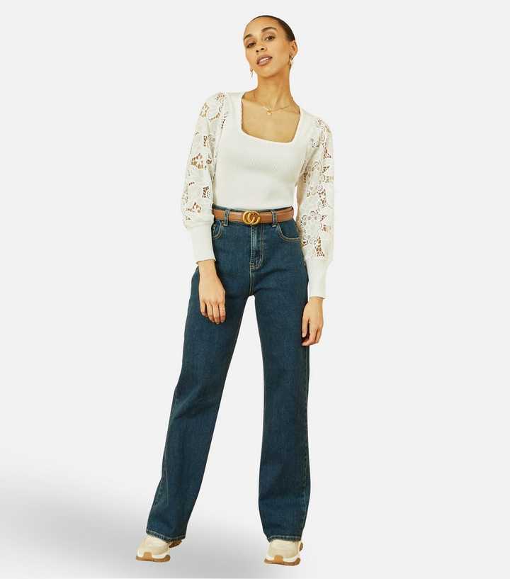 Yumi White Ribbed Lace Sleeve Top | New Look
