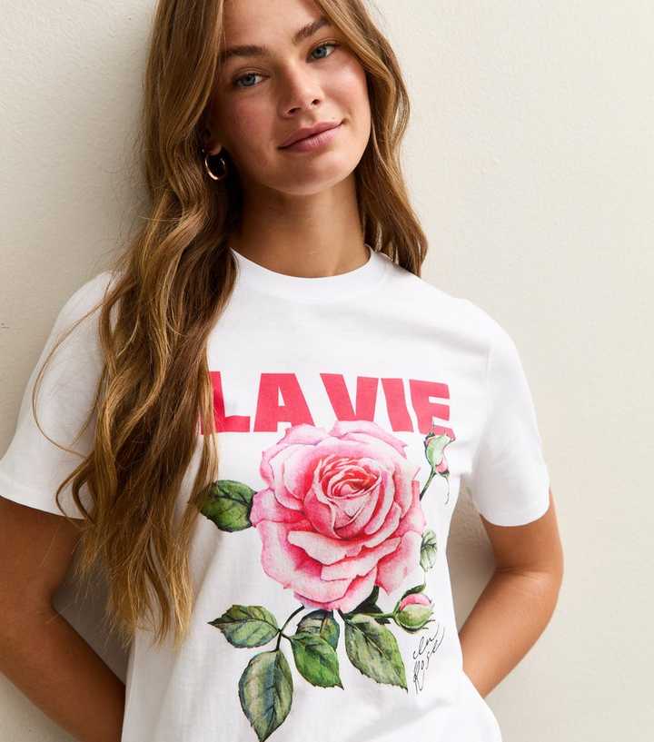 White La Vie Rose Print T-Shirt | New Look