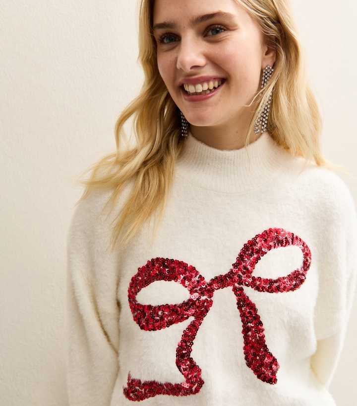 Sunshine Soul White Fluffy Sequin Bow Jumper | New Look